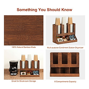 TQVAI Bamboo Coffee Station Organizer, 6 Compartments Condiment Rack Breakroom Accessories Caddy for K Pods, Snack, Tea Bags, Disposable Cups, Retro Brown