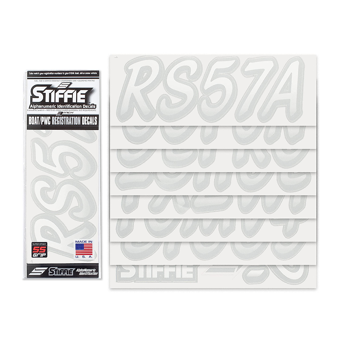 STIFFIE Whipline White/Silver SUPER STICKY 3" Alpha Numeric Registration Identification Numbers Stickers Decals for Sea-Doo SPARK, Inflatable Boats, RIBs, Hypalon/PVC, PWC and Boats.