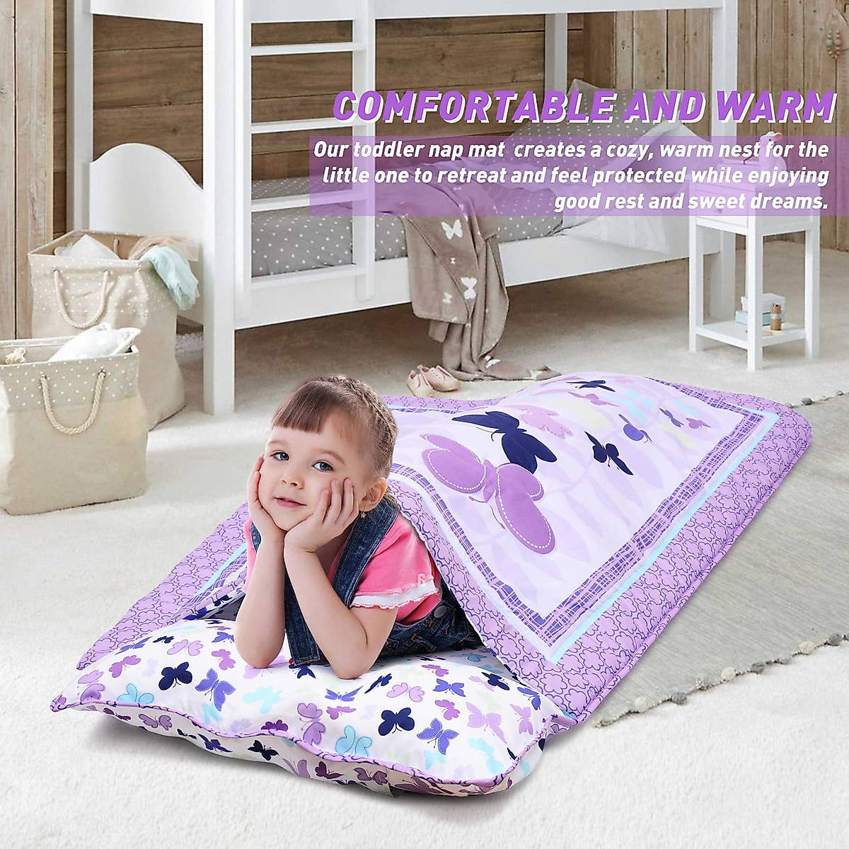 UOMNY Toddler Nap Mat Girls Kids Nap Mats with Removable Pillow and Blanket Butterfly Toddler Sleeping Bag for Preschool Daycare Purple Happy Napper Girls 50x20 Inch