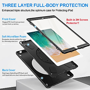 SUPFIVES Case iPad Pro 12.9 2015/2017: iPad 12.9 Inch 1st/ 2nd Generation Case Upgraded Military Grade Shockproof Silicone Protector with Pencil Holder+ Handle+ Shoulder Strap+ Rotating stand, Black