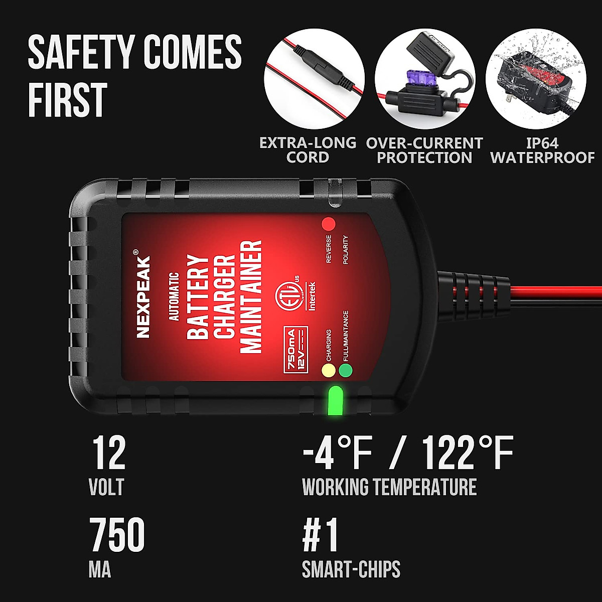 NEXPEAK NC075 12V 750mA Automatic Battery Charger, Battery Maintainer, Trickle Charger, and Battery Desulfator