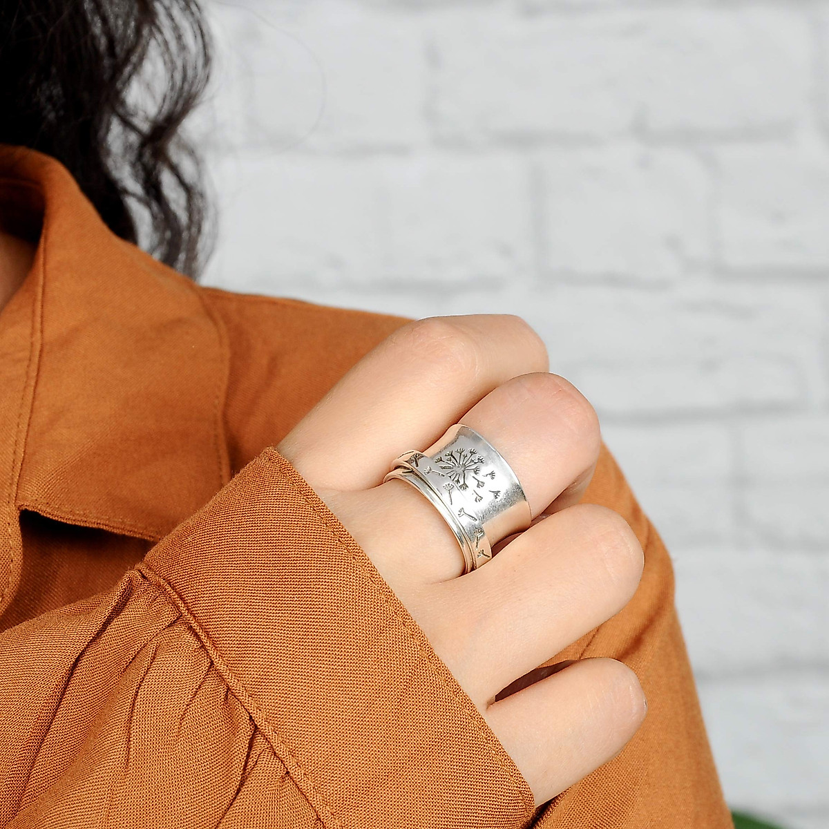 Boho-Magic 925 Sterling Silver Spinner Ring for Women Dandelion Flower Fidget Anxiety Relief Wide Band