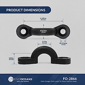 Five Oceans 10-Pack 1/4-Inch Nylon Bungee Deck Loops, Tie Down Pad Eye Straps for Boat Kayak Canoe Deck Rigging - FO2866