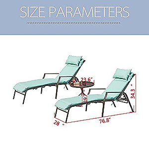LOKATSE HOME Outdoor Lounge Chair Set 3 Pieces Patio Cushioned Adjustable Back Chaises with Bistro Table Steel Frame for Backyard Porch Garden Poolside, Light Blue