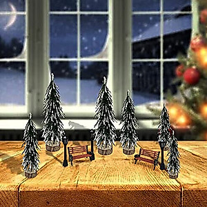 13 Pieces Mini Artificial Christmas Tree Set with Christmas Village Houses 4 Pieces Xmas Street Lamp Post and 2 Pieces Miniature Park Bench Seat for Christmas Table Top Decor