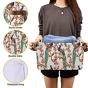 ALAZA Peacock Tropical Cherry Blossom Flower Large Storage Basket with Handles Foldable Decorative 1 Pack Storage Bin Box for Organizing Living Room Shelves Office Closet Clothes