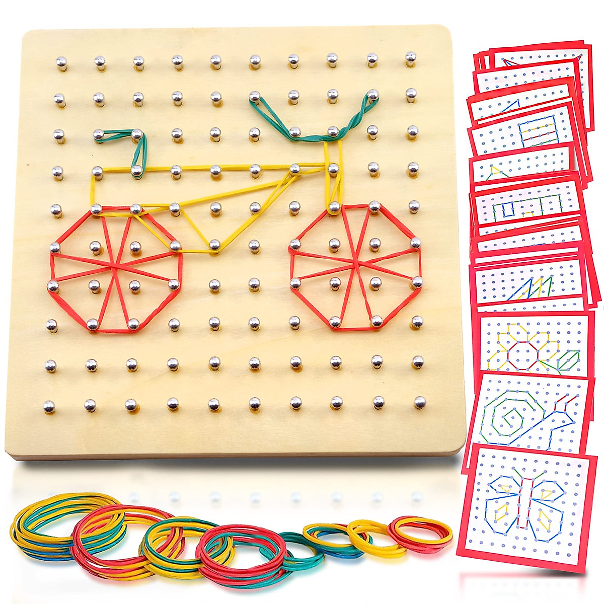 Wood GeoBoard - Geo board 10 x 10 Graphical Educational Mathematics Material with Rubber Tie and Cards, Preschool Kids Mathematical Brain Teasers, Early Learning Development DIY Toy for Toddler