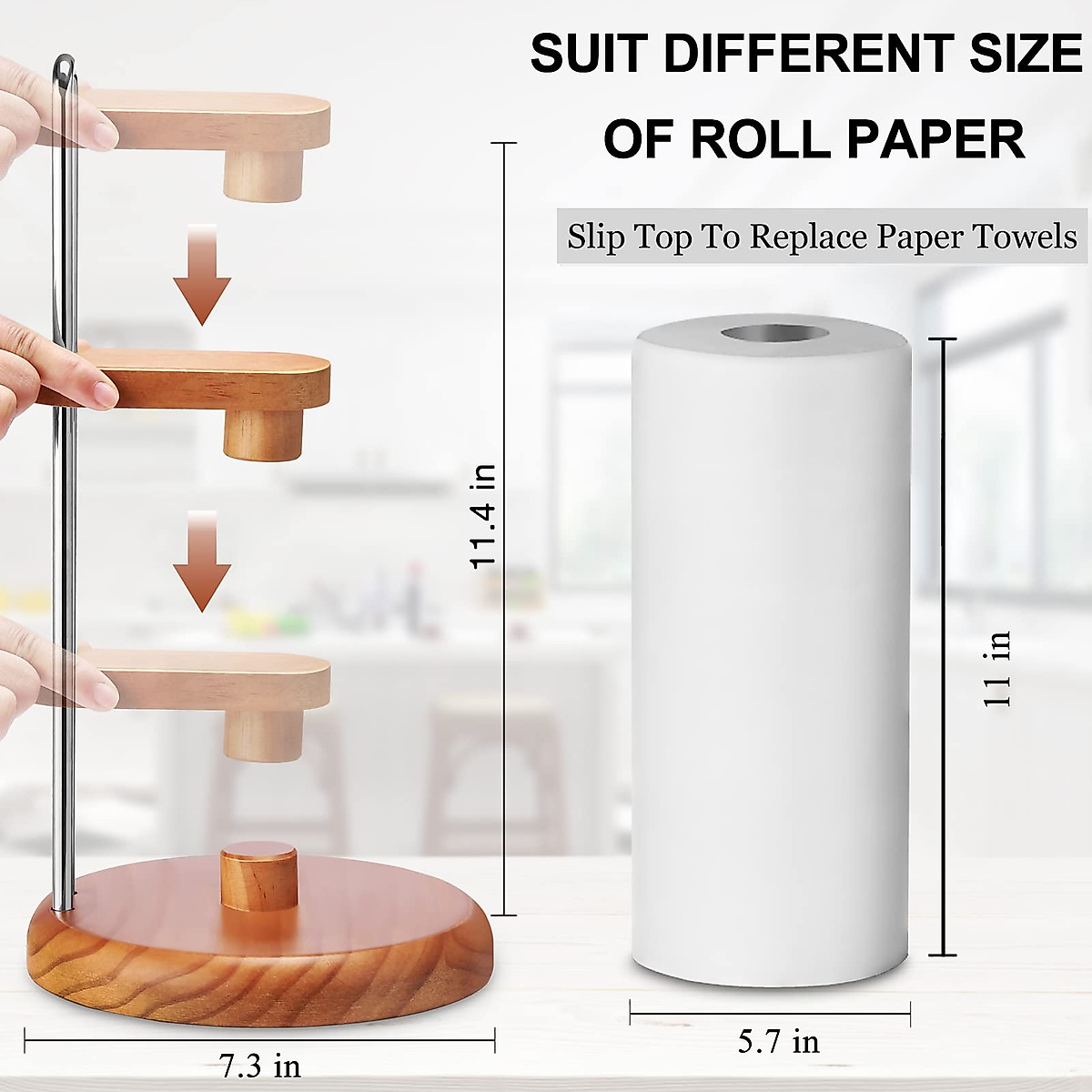 Wood Paper Towel Holder Countertop - Rustic Farmhouse Paper Towel Holder Stand - Standing Paper Towel Roll Holders - Vertical Wooden Paper Towels Holder for Kitchen Counter - Papertowellholders Rack