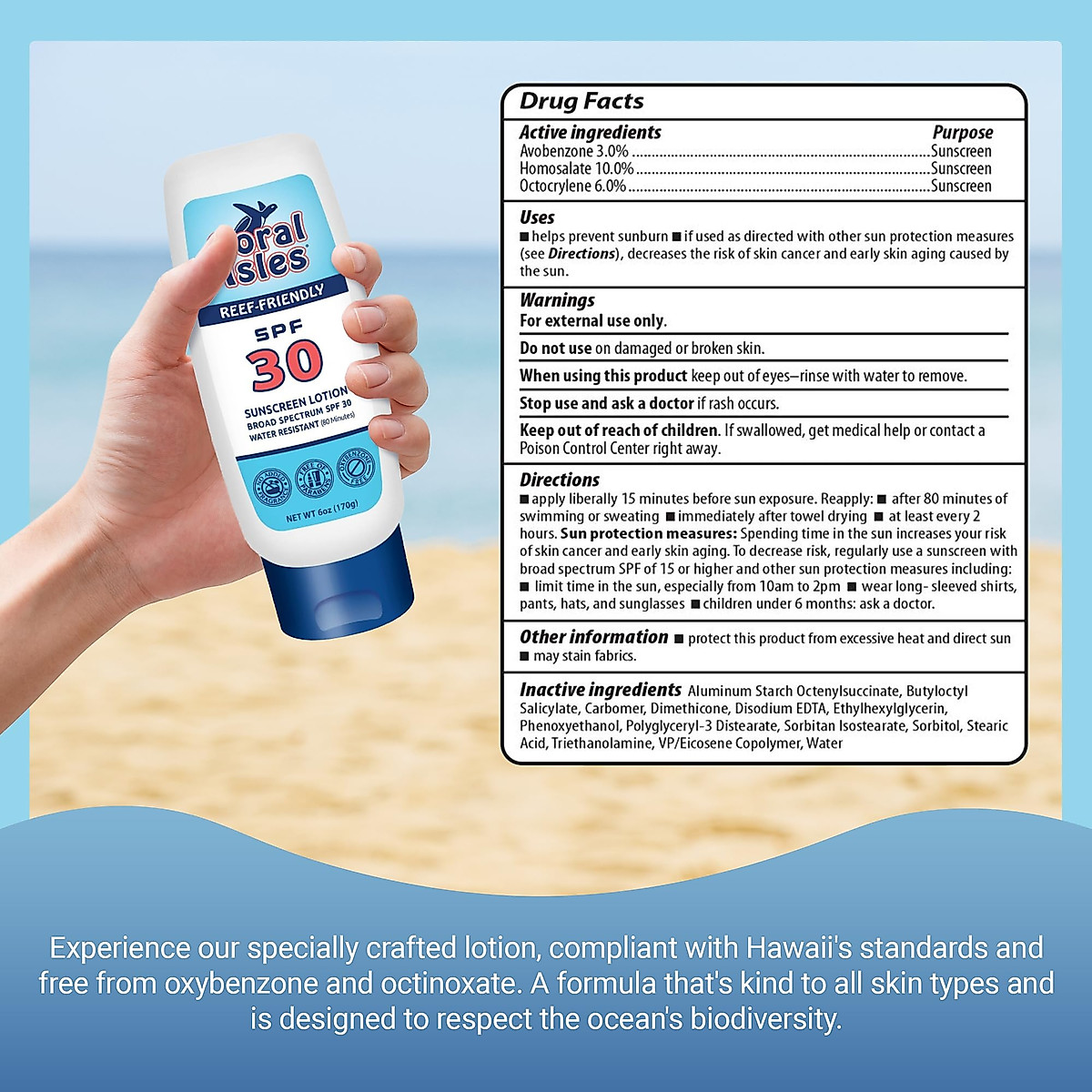 Coral Isles Sunscreen SPF 30 | Hawaii Compliant as Reef Safe | Octinoxate & Oxybenzone Free | Broad Spectrum UVA/UVB Protection | Water Resistant 80 Min. | Fragrance Free | 6 Fl Oz (Pack of 1))