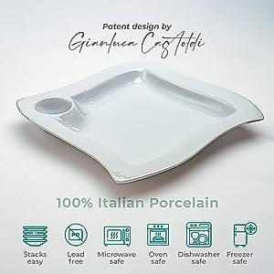 Il Bel Piatto 12-inch Premium Elegant Italian Porcelain Plates with Sauce Compartment - Premium Dining Plates Made in Italy (White, 4 Pieces)