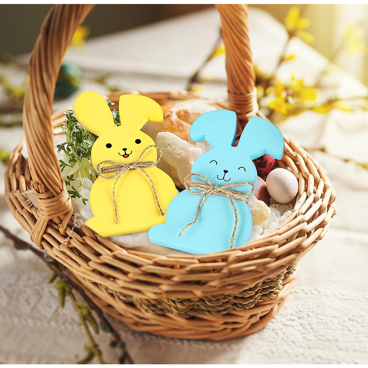 Inwnpio Easter Decorations for the Home - Easter Bunny Wooden Sign Table Decoration Centerpieces with Rope Tabletop Spring Decor 3PCS