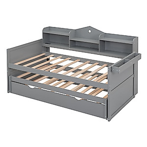 Flieks Wooden Daybed, Twin XL Bed Frame with 2 Twin Trundles, Storage Shelf, and USB Charging Ports, Wood Slat Support, No Box Spring Needed, Easy Assembly, Grey