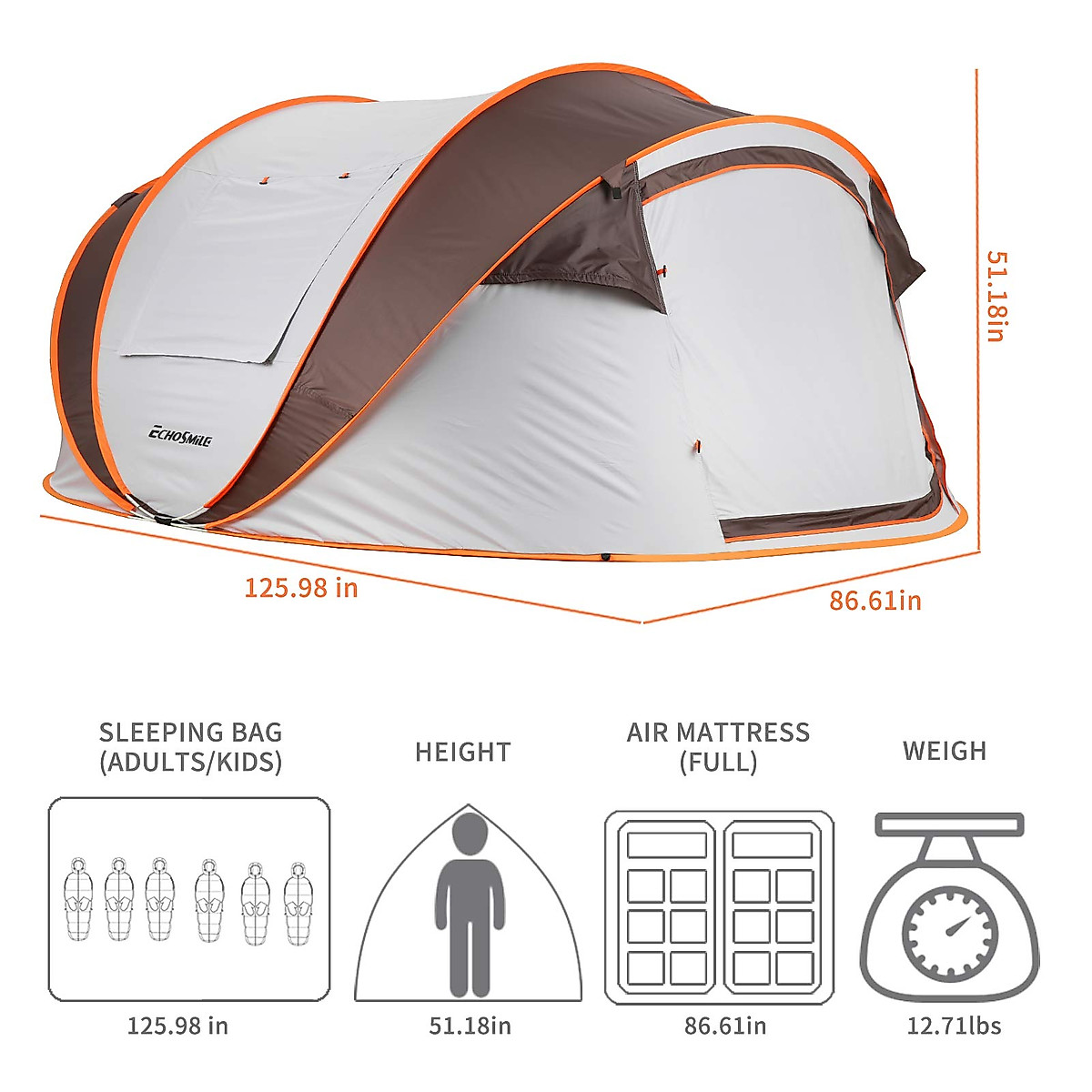 EchoSmile Camping Instant Tent, 2 to 8 Person , Water Resistant Dome Pop Up Tent, Easy Setup for Camping Hiking and Outdoor, Portable with Carry Bag, for 4 Seasons, White&Brown