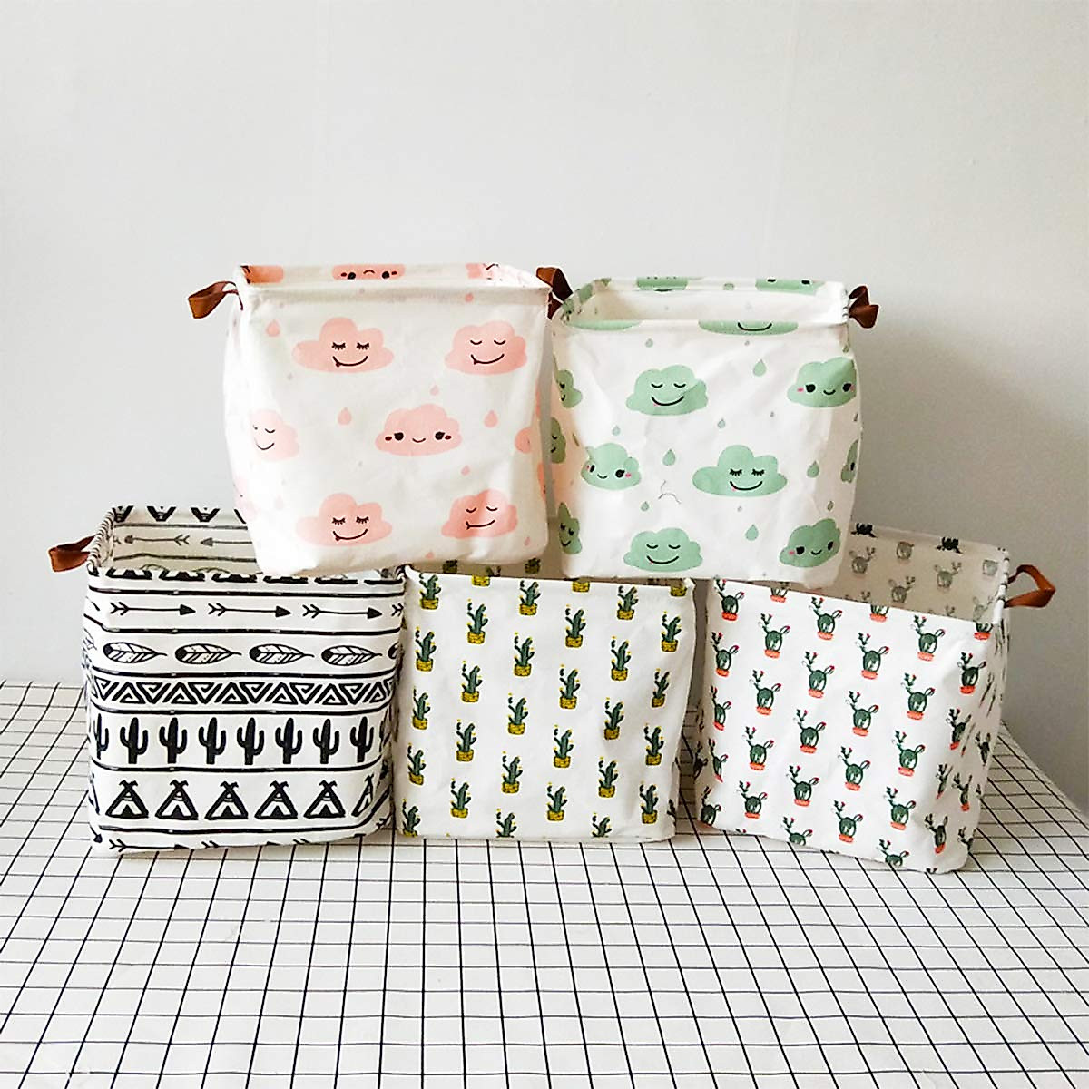 3 Pieces 13 Inch Square Storage Bin, Fabric Folding Storage Baskets with Handles, Arrow Tribe Pattern Storage Organizer for kid's Toy & Baby Clothing - Laundry Basket/Nursery Hamper (3Black Cactus)