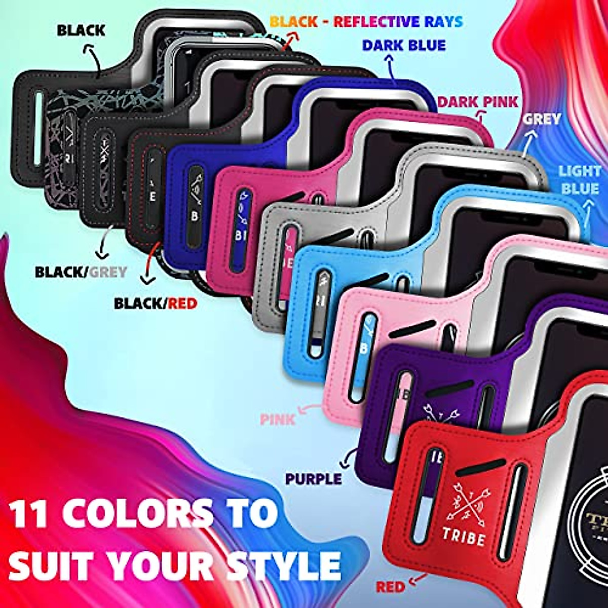 TRIBE Running Phone Holder Armband. iPhone & Galaxy Cell Phone Sports Arm Bands for Women, Men, Runners, Jogging, Walking, Exercise & Gym Workout. Fits All Smartphones. Adjustable Strap, CC/Key Pocket