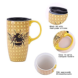 TZSSP Coffee Ceramic Mug Porcelain Latte Tea Cup With Lid 17oz. Bee