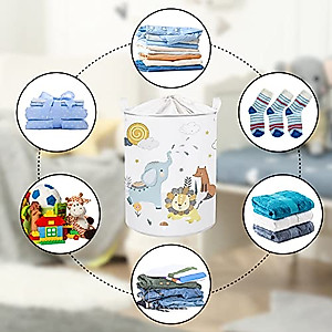 Clastyle 45L Cartoon Animals Elephant Fox White Kids Laundry Hamper Lion Clouds Round Toy Clothes Storage Basket for Children Room, 14.2x17.7 in