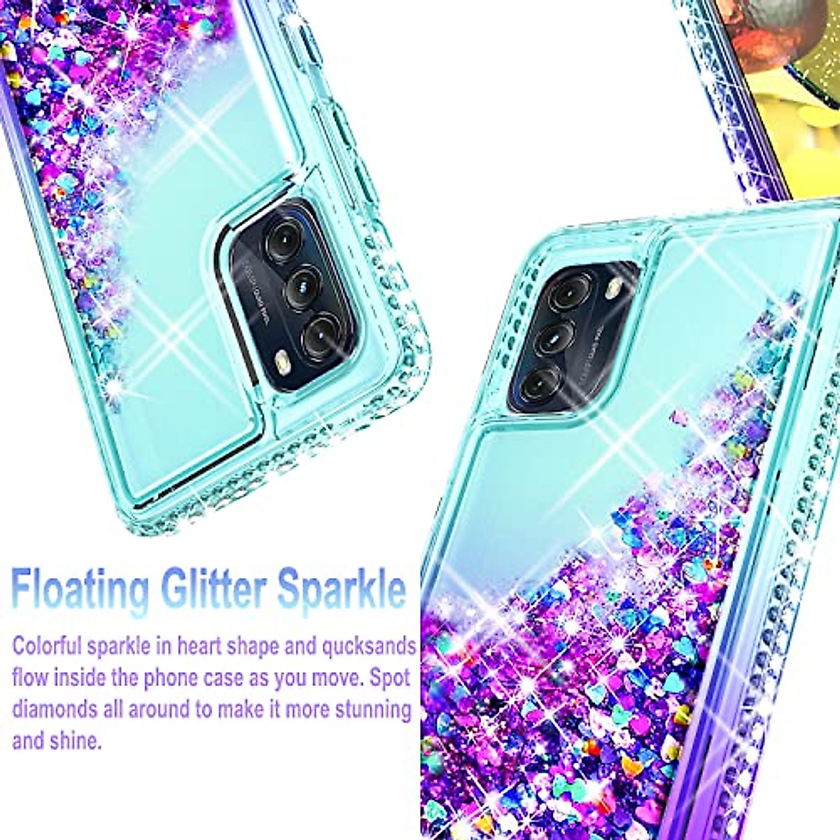 STARSHOP Moto G Stylus 5G 2022 Phone Case, with [Tempered Glass Screen Protector Included] Liquid Bling Sparkle Floating Glitter Quicksand Cover Girls Women for Motorola G Stylus 5G 2022- Teal/Purple