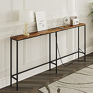 Masupu 70.9 Inch Console Table with Power Outlet,Modern Narrow Long Sofa Table Behind Couch,Skinny Entry Table with Gold Metal Frame for Entryway,Living Room, Hallway,Rustic Brown