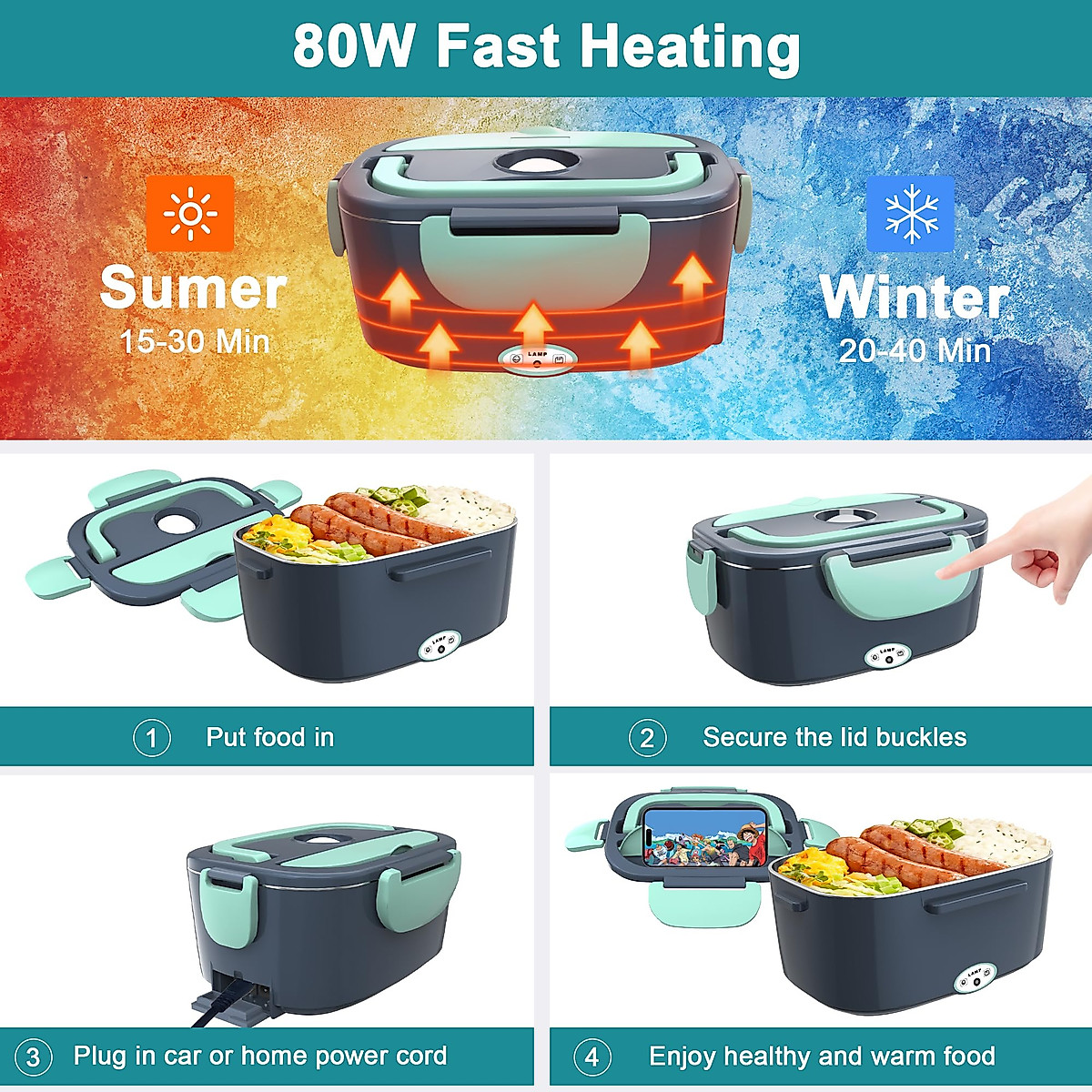 Electric Heated Lunch Boxes Adults: 80W Electric Lunch Box Food Heated 12/24/110V 1.5L Heatable Lunch Box for Car/Truck/Office Leak-Proof Stainless Steel Container, Fork & Spoon, Bag (Grey+Green)