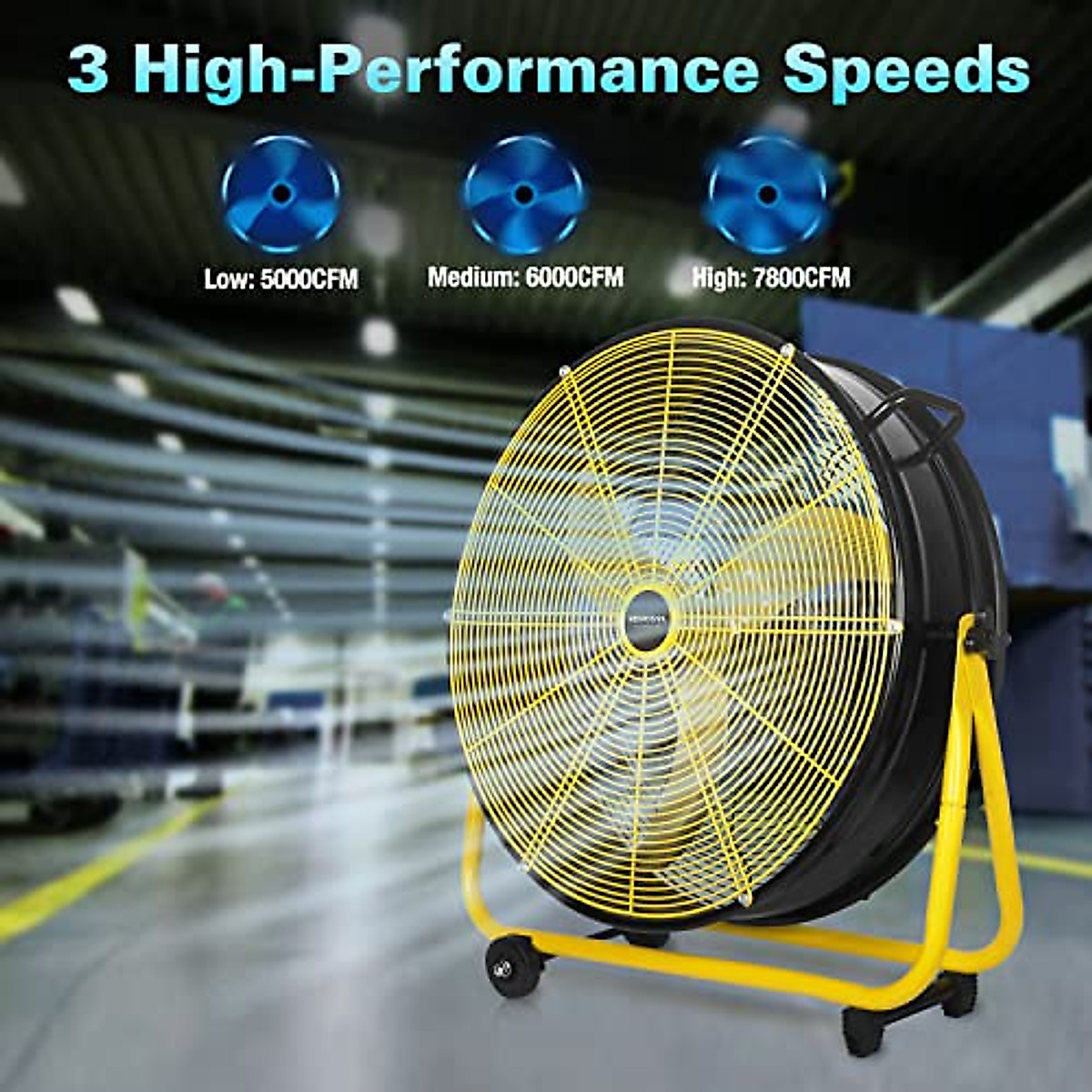 VENTISOL Industrial Fan 24" High Velocity Floor Fan With 3 Speed 7800 CFM, Heavy Duty Metal Drum Fan For Shop, Garage, Warehouse, Workshop, Factory, Commercial