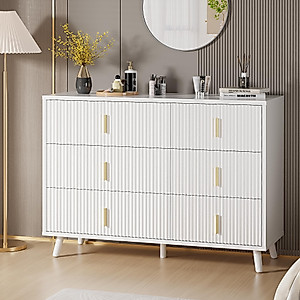 BEWISHOME White Dresser for Bedroom, 6 Drawer Dresser Chests of Drawers with Waveform Fluted Panel, White and Gold Dresser, Modern Wide Dresser Wood dresser for Closet, TV Stand, Hallway, White KCG03W