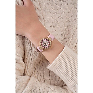 GUESS Ladies Trend Crystal 32mm Watch – Gold-Tone Stainless Steel Case Pink Dial & Pink Genuine Leather Strap