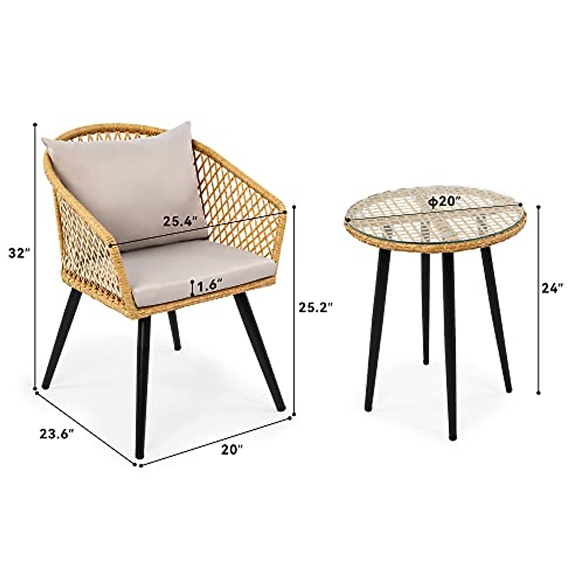 YITAHOME 3-Piece Outdoor Patio Furniture Wicker Bistro Set, All-Weather Rattan Conversation Chairs for Backyard, Balcony and Deck with Soft Gray Cushions, Glass Side Table Light-Yellow