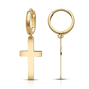 14k Yellow Gold Dangle Cross Huggie Earrings 12mm