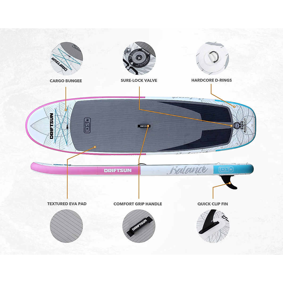 Driftsun 11 Foot Extra Wide Inflatable Stand Up Paddle Board Package with Rolling Travel Storage Backpack, Foldable Aluminum Pole, and More, Pink