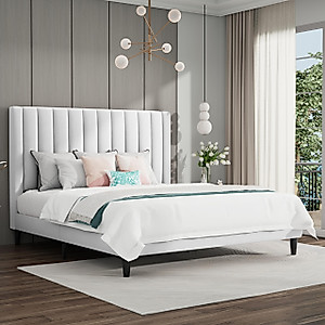 SHA CERLIN Queen Bed Frame/Velvet Upholstered Platform Bed Frame with Headboard/Strong Wood Slats Support/Mattress Foundation/No Box Spring Needed/Easy Assembly/White