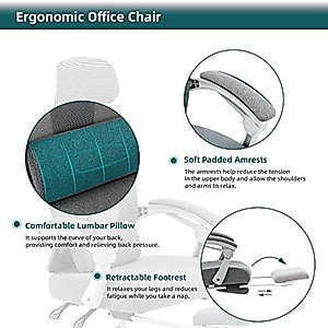 Sweetcrispy Ergonomic Lumbar Pillow and Retractable Footrest, Swivel Rolling Padded Armrests Headrest Height Adjustable Home Office, High Back Reclining Mesh Chair, Light Grey