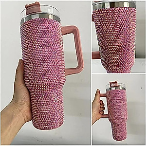 MYHOBBY Shiny Rhinestone 40 Oz Tumbler with Handle,Stainless Steel Insulated Travel Coffee Mug Double Wall Leak Resistant Vacuum Tumbler with Straw,Pink