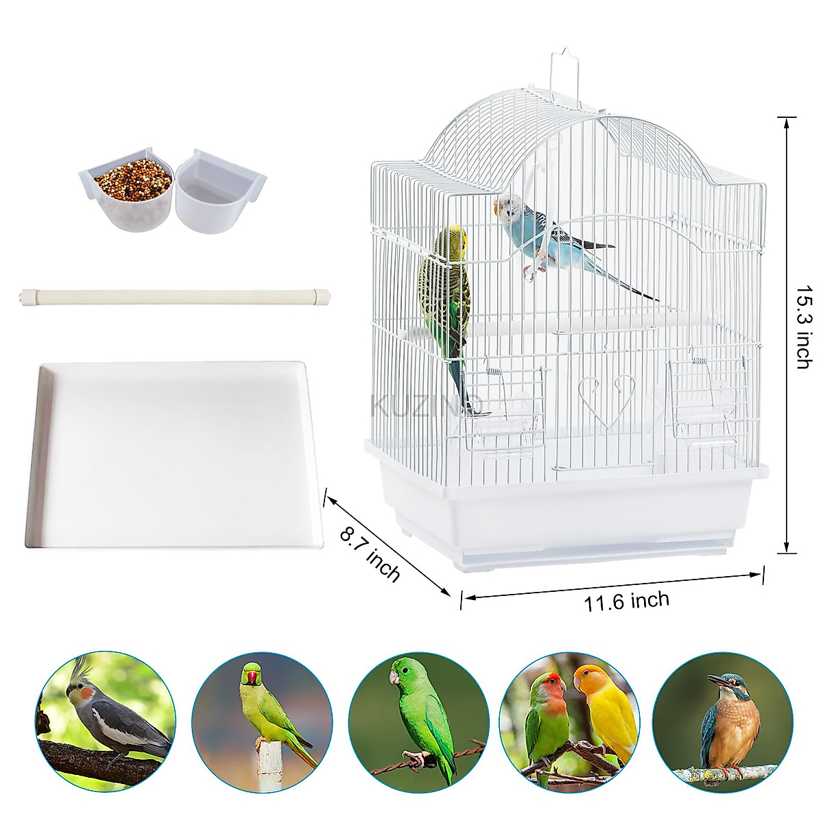 Kuzino Small Bird Travel Cage - Economy and Lightweight Small Birds Carrier Cages for Parakeets Lovebirds Parrotlets Finches Canaries with White Wire, White Plastic Base with Removable Tray