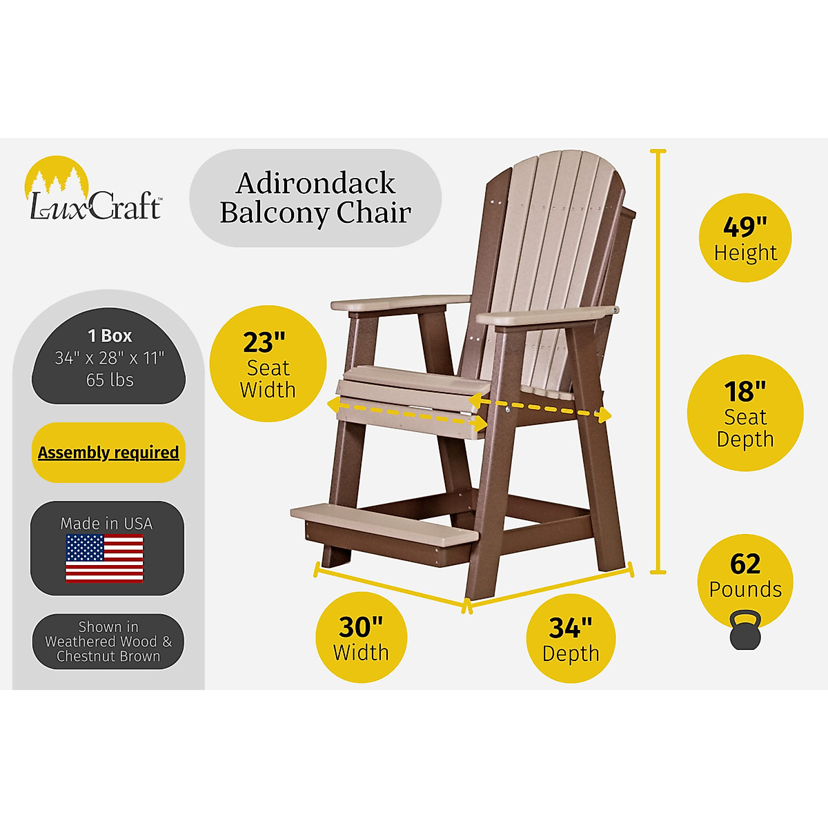 LuxCraft Plastic Poly Adirondack Balcony Chair with Built-in Footrest, Counter Height Outdoor Patio Dining Chair (Weatherwood & Chestnut Brown)