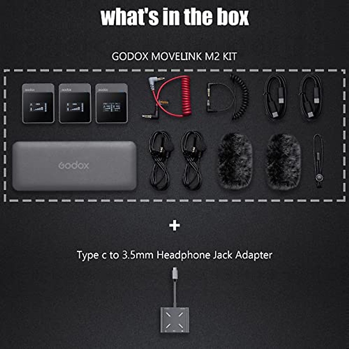 GODOX MoveLink M2 Kit for Cameras and Smartphones with Type c to 3.5mm Headphone Jack Adapter, 2.4GHZ Wireless Microphone System for Vlogger Youtuber, Interviewer Speaker Filmmaker