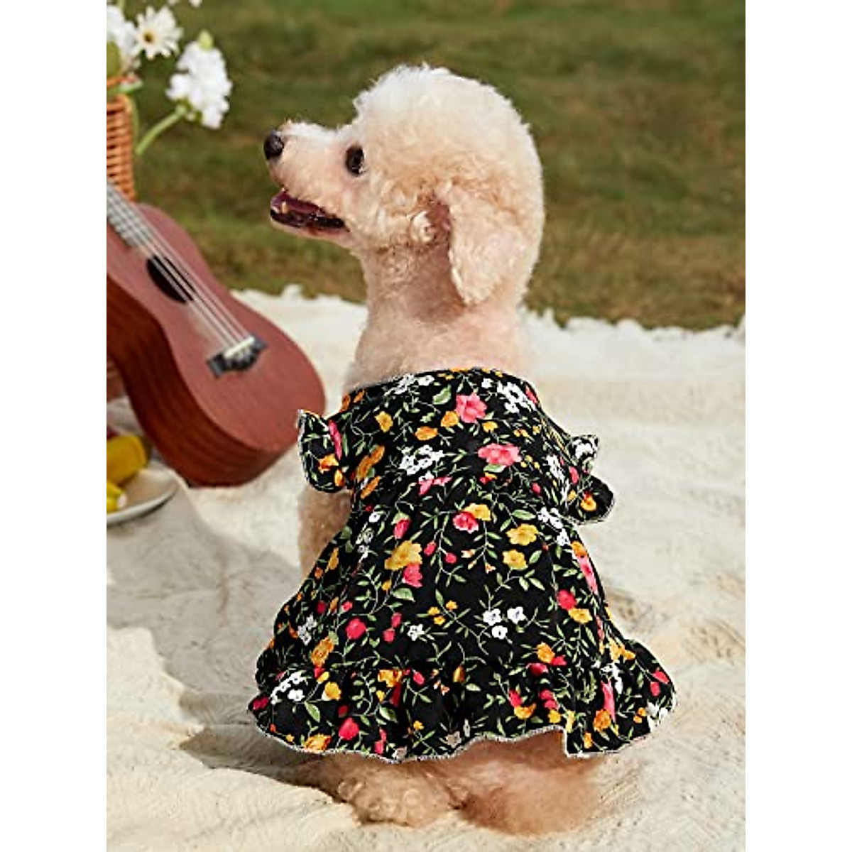 QWINEE Flower Print Dog Dress Ruffle Sleeve Puppy Princess Dress Casual Lightweight Party Vacation Dresses for Small Medium Cats Dogs Black M