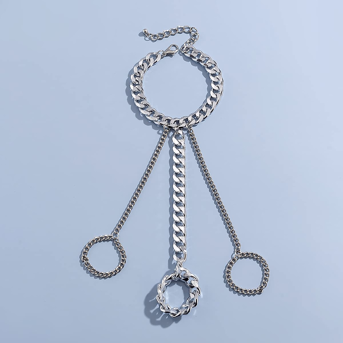 Asphire Punk Layered Cuban Link Chain Bracelet with Finger Ring Chunky Chain Tassel Hand Harness Slave Bracelet Boho Wrist Chain for Women Teens Girls (Silver)