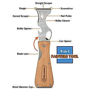 ROLLINGDOG Paint Scraper-Folding Painters Tool 9-in-1 Beech Wooden Handle Includes Paint Roller Cleaner, Nail Puller, Putty Knife Scraper, Hammer End