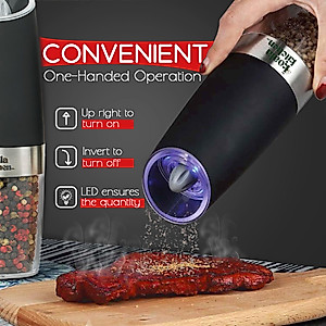 The Koala Kitchen Co. Gravity Electric Salt and Pepper Grinder Set - Stainless Steel Salt and Pepper Shakers Adjustable Coarseness - Blue Light Battery Operated Salt and Pepper Mills, 2 Pack (Black)