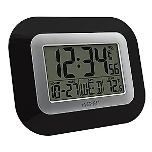 La Crosse Technology WT-8005U-B-INT Atomic Digital Wall Clock with Indoor Temperature, Black,