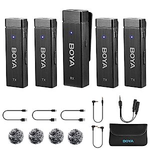 BOYA BY-W4 Wireless Lavalier Microphone Ultracompact 2.4GHz Cordless Clip On Microphones System for Cameras DSLR Smartphone Video Recording Interview YouTube Streaming (4 Transmitters & 1 Receiver)