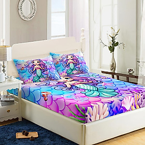AILONEN Mermaid Fitted Sheet for Kids Girls Twin Size, Mermaid Princess Bedding Set,Ocean Theme Bed Sheet Set,Purple Blue Watercolor Fish Scale BedSheets Set,1 Fitted Sheet 2 Pillowcases,3 PCS