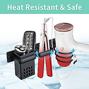 Hoteelee Hair Dryer Holder Wall Mounted,Bathroom Hair Tool Organizer for Blow Dryer Hair Straightener Bedroom Hanger Rack Aluminum Space Saving Storage Bracket with Plug Hook & Cup (Black)