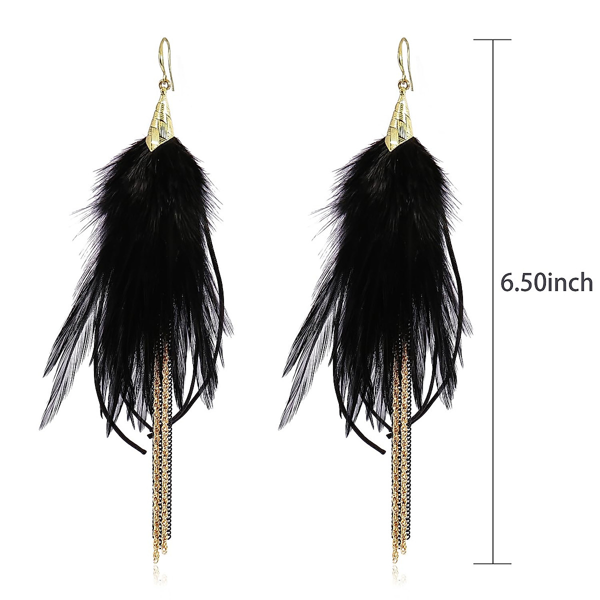 Badu Black Earrings Long Tassel Feather Gold Drop Jewelry Holiday Gift Handmade Jewelry Accessories (Gold Black)