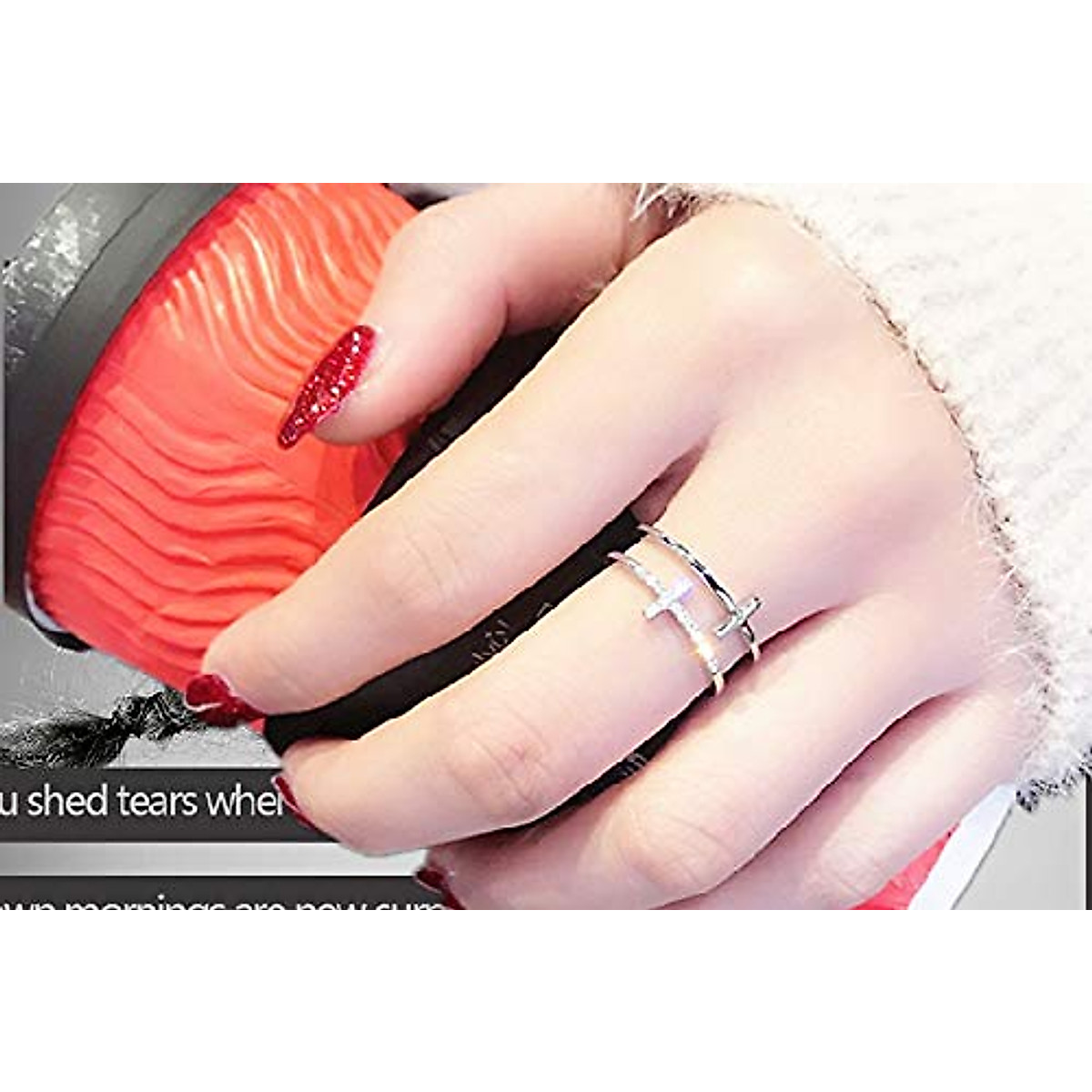 Flzaitian Simple Fashion Double Layer Cross Open Ring,Crystal Cross Finger Rings for Couple Women Girl (Silver)