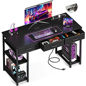 AODK 48 Inch Gaming Desk with Fabric Drawers & Power Outlets, Computer Desk with Storage Shelves & CPU Stand, Gamer Table, Writing Study Desk with Type-C & USB, Small Desk for Bedroom, Black