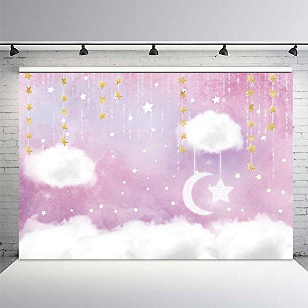MEHOFOTO Sweet Pink and White Cloud Photo Studio Backdrop Props Princess Birthday Girl Baby Shower Party Decorations Hanging Gold Stars Twinkle Twinkle Little Stars Photography Background Banner 7x5ft