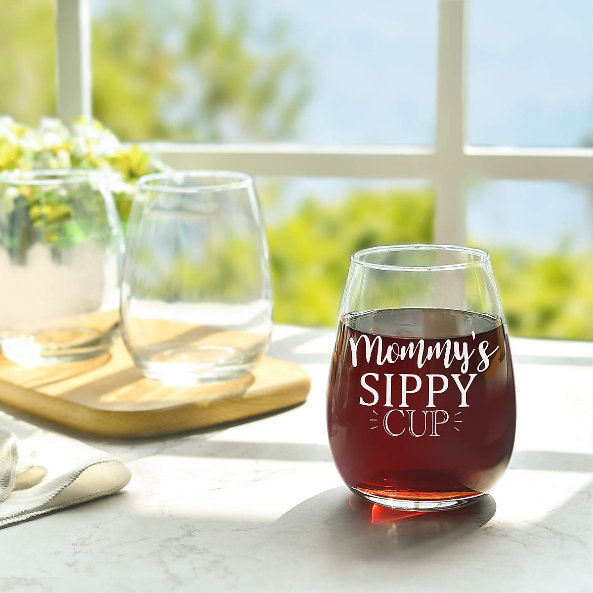 Mommy's Sippy Cup Stemless Wine Glass 15oz Funny Wine Glass, Gift Idea for Mother's Day Birthday Christmas, Wine Gifts for Mom, Women, New Mom, Pregnant Mom