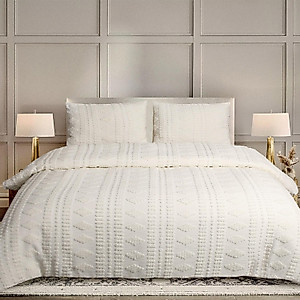 YINFUNG Boho Duvet Cover Cream Textured Tufted Shabby Chic King Ivory Duvet Cover Set Striped Poms Off White Bedding Set All Season Diamonds Geometric Embroidered Quilt Cover